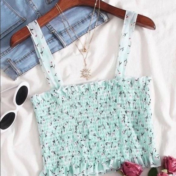 Tops | Nwt Blue Flower Ruffle Cropped Tank Top | Poshmark